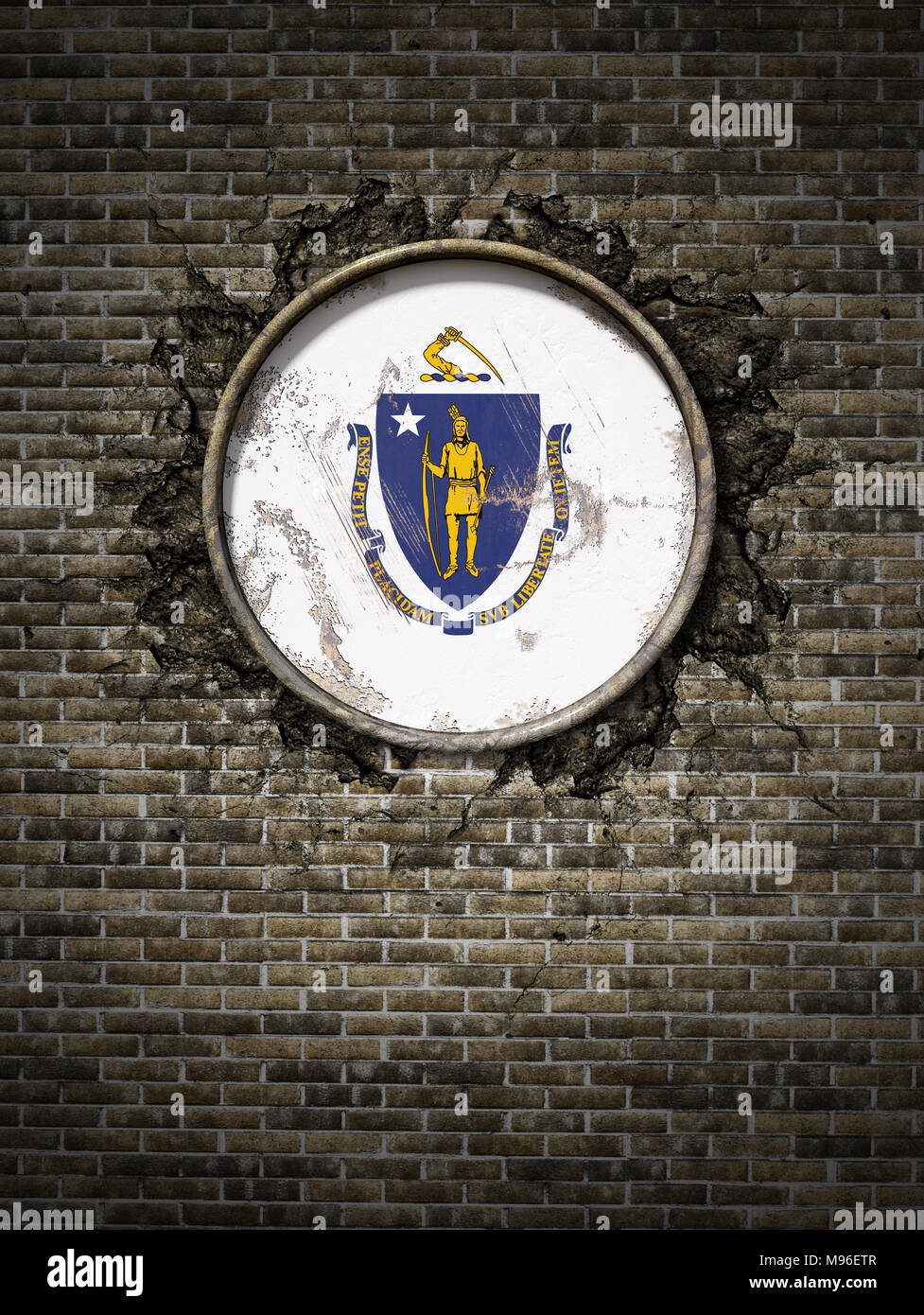 3d rendering of a Massachusetts State flag over a rusty metallic plate ...