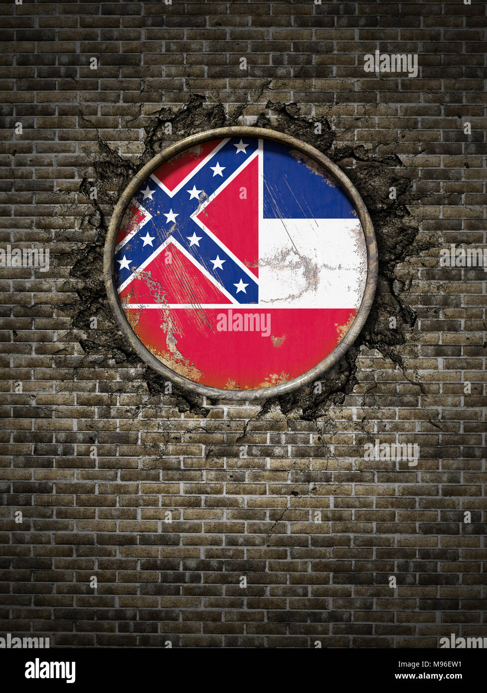 3d rendering of a Mississippi State flag over a rusty metallic plate ...