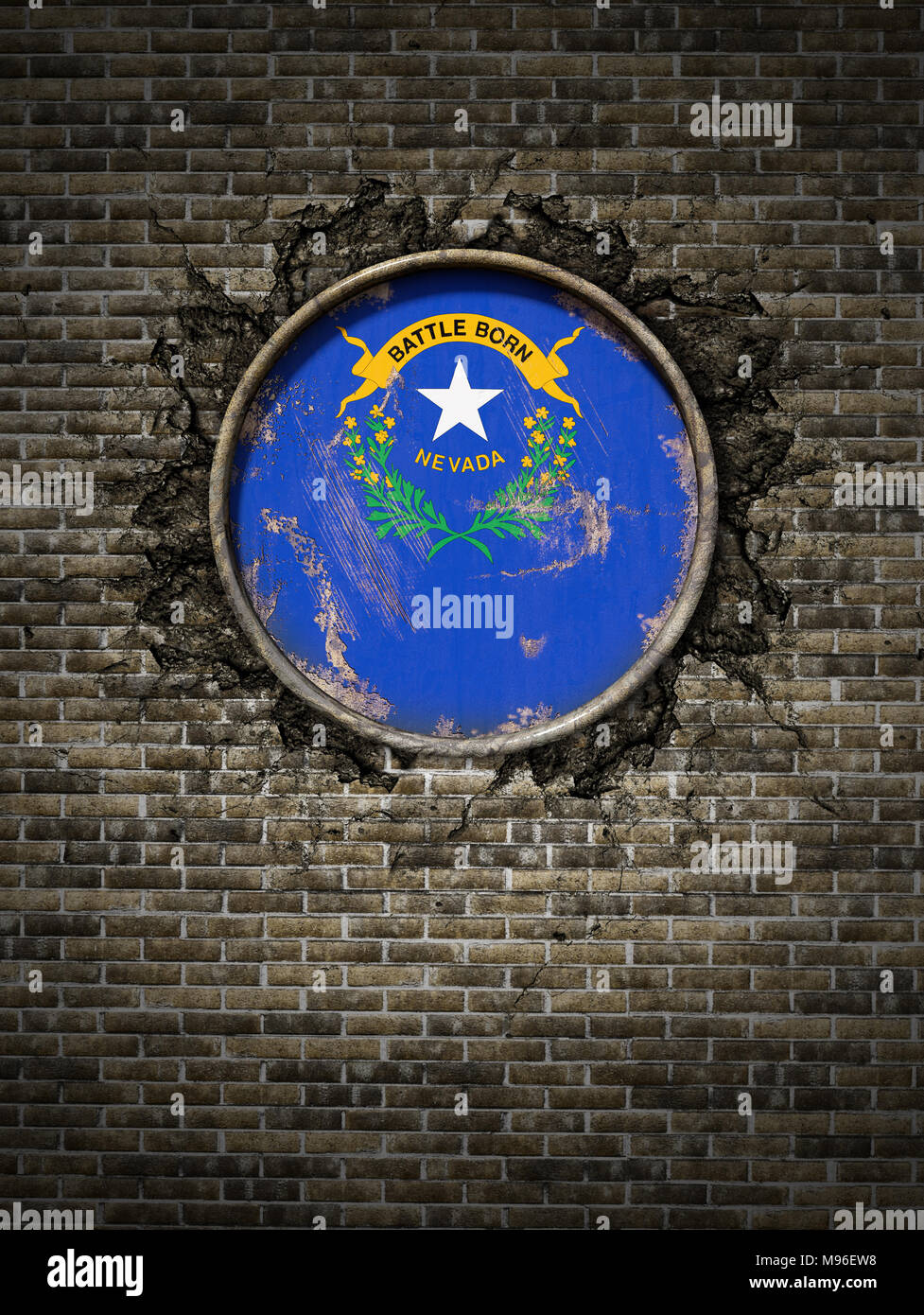 3d rendering of a Nevada State flag over a rusty metallic plate ...
