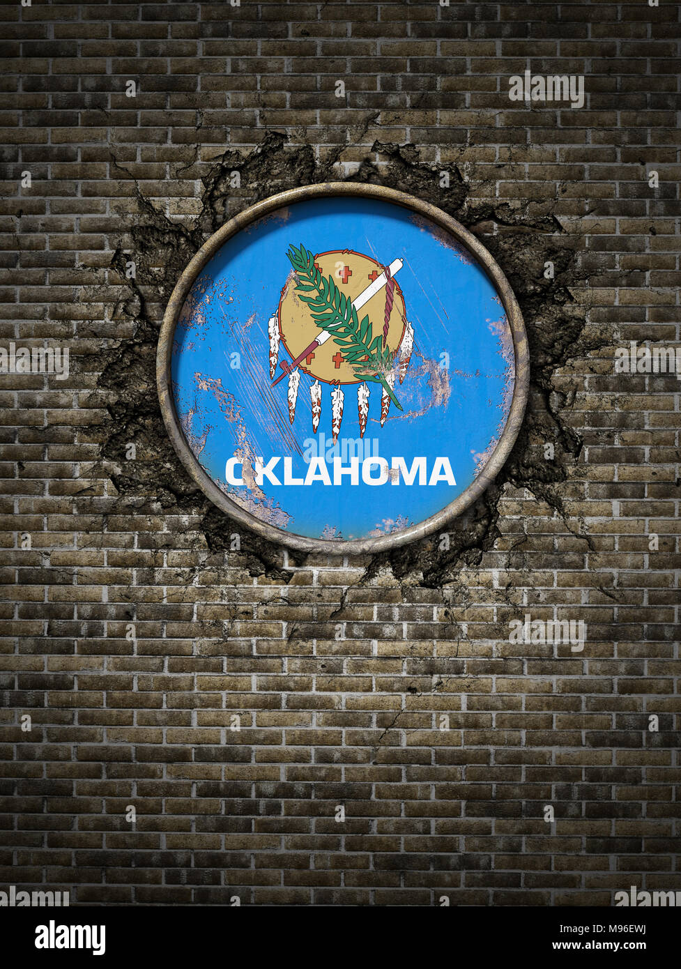 3d rendering of an Oklahoma State flag over a rusty metallic plate ...
