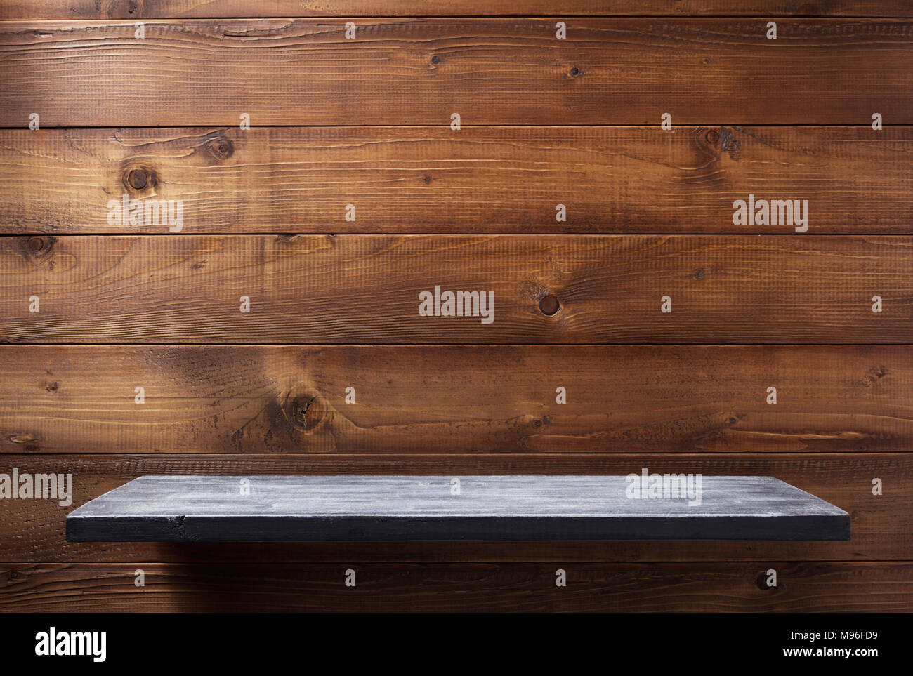wooden shelf at background texture wall Stock Photo - Alamy