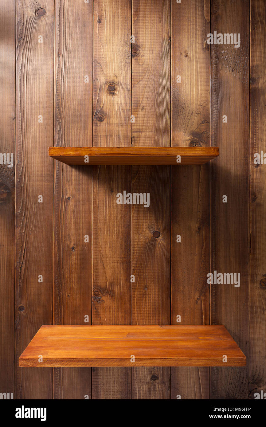 wooden shelf at background texture wall Stock Photo - Alamy