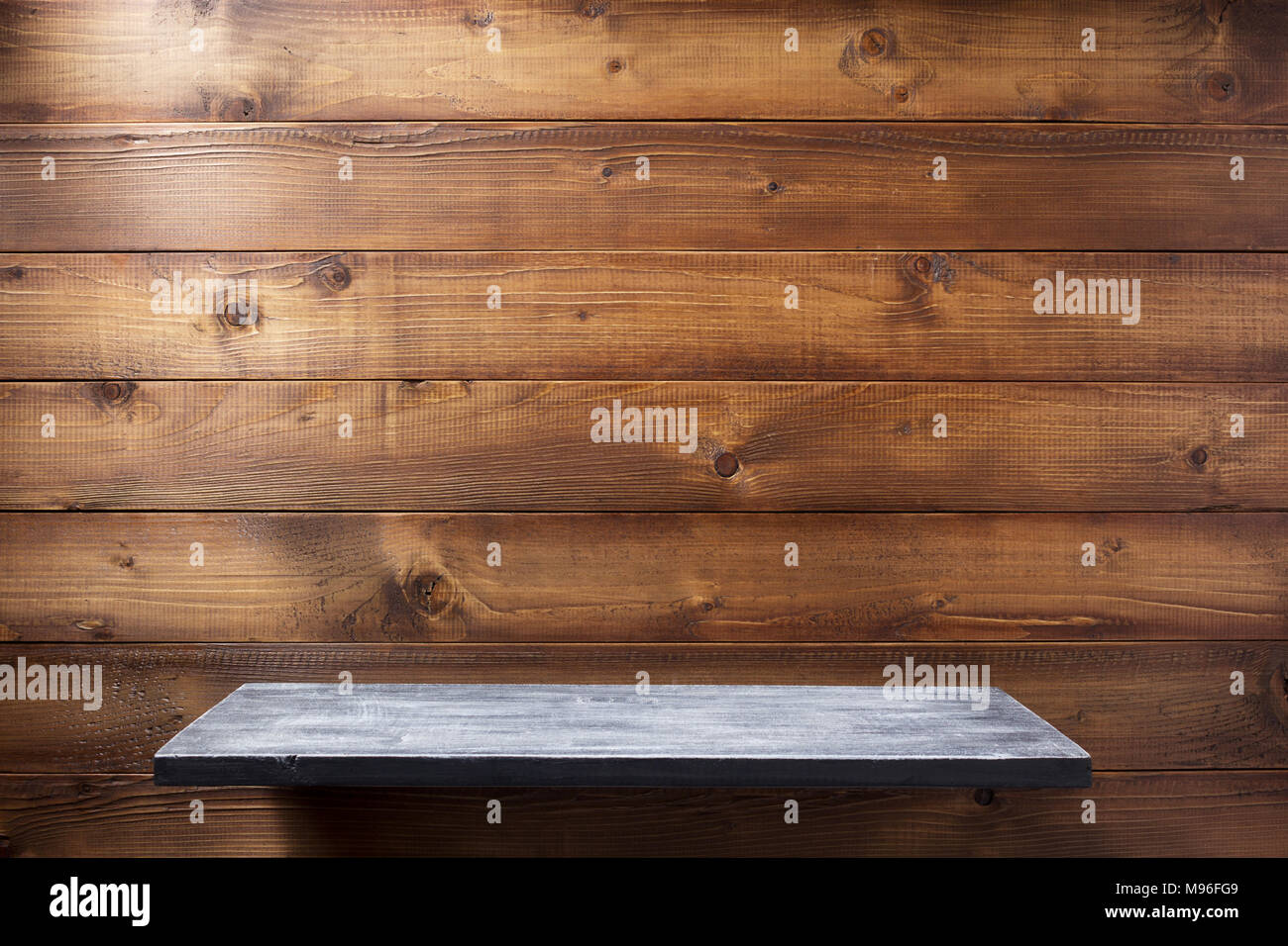wooden shelf at background texture wall Stock Photo - Alamy