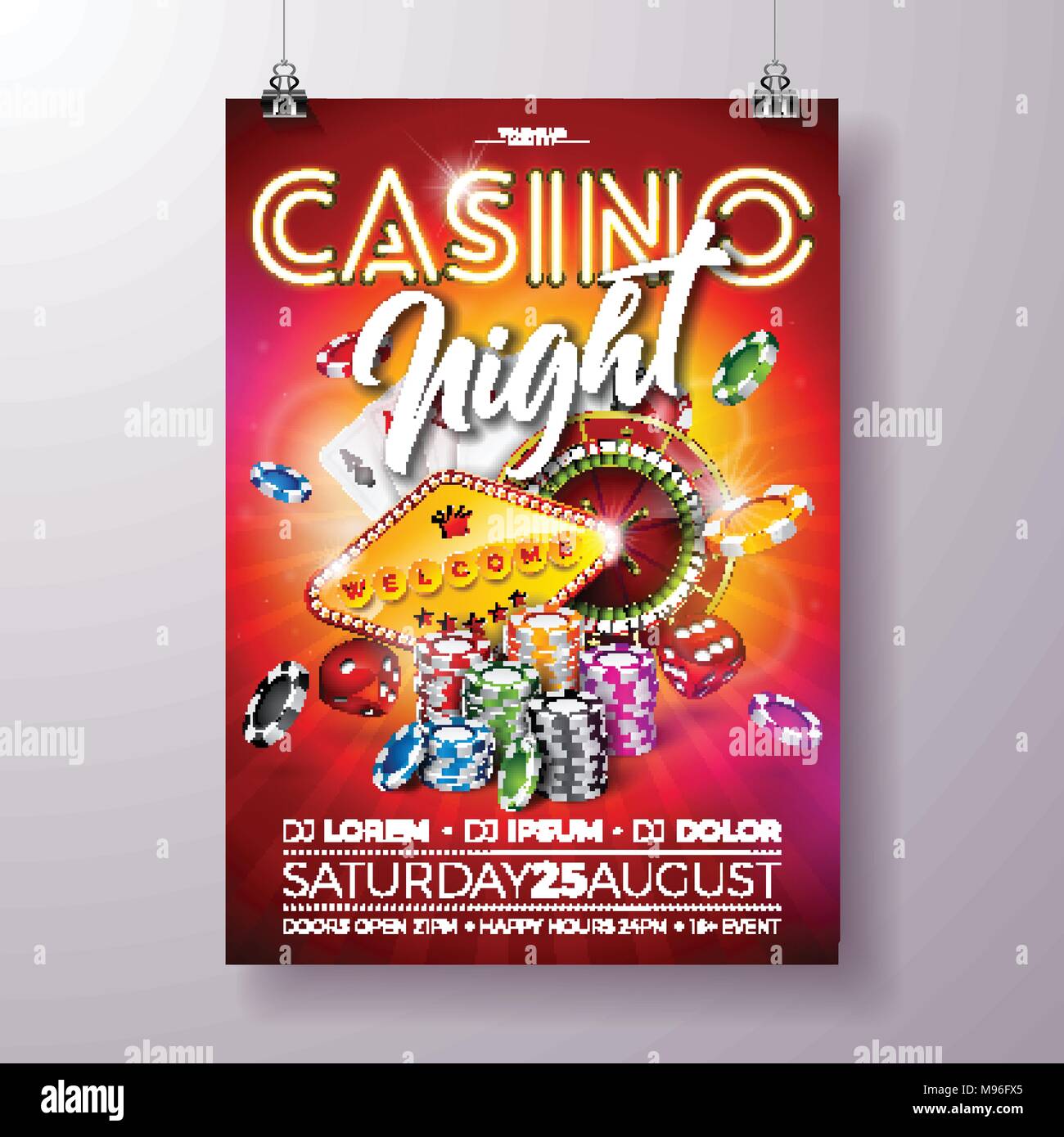 Vector Casino night flyer illustration with roulette wheel and shiny ...