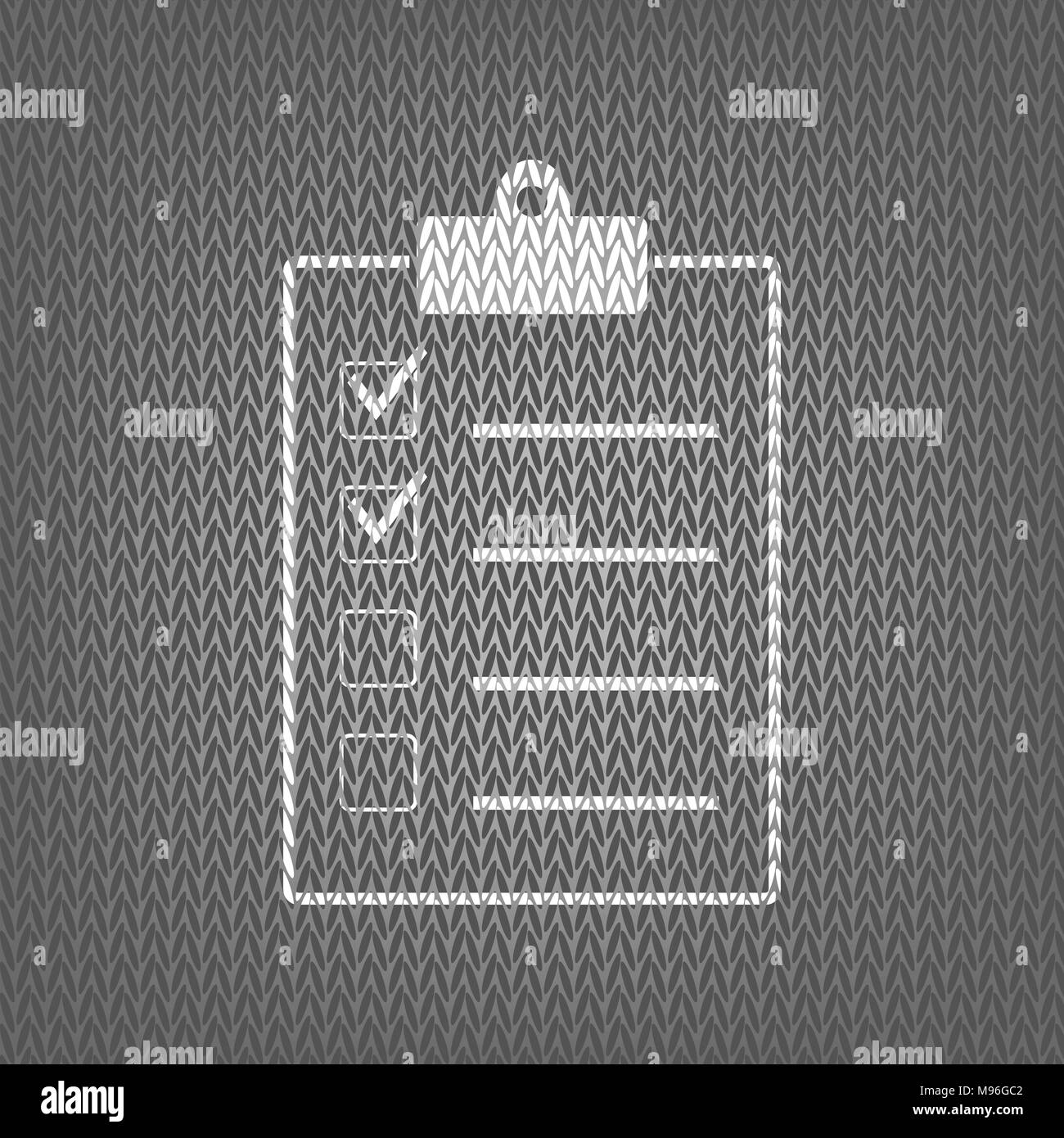 Checklist sign illustration. Vector. White knitted icon on gray knitted ...