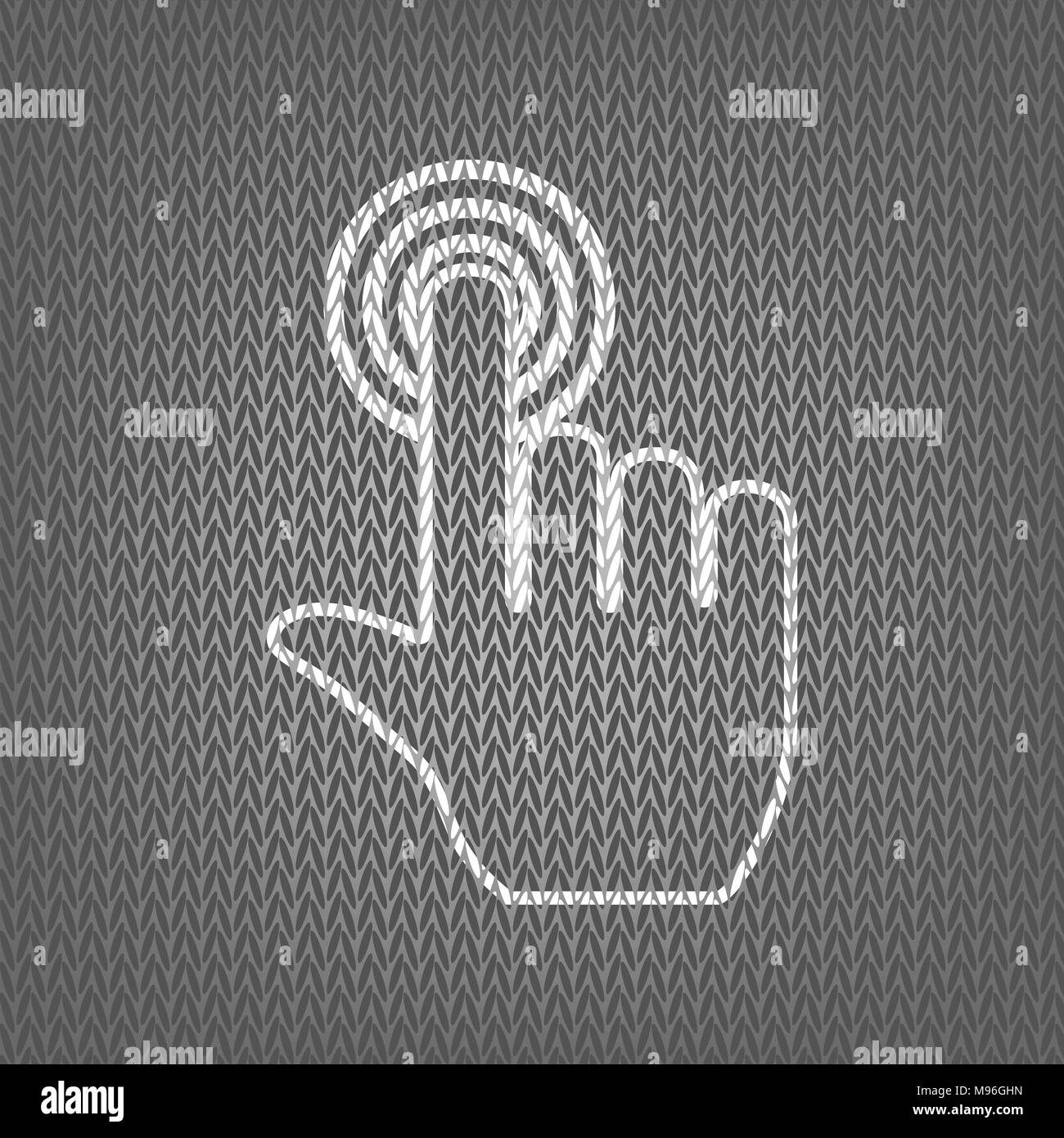 Hand click on button. Vector. White knitted icon on gray knitted ...