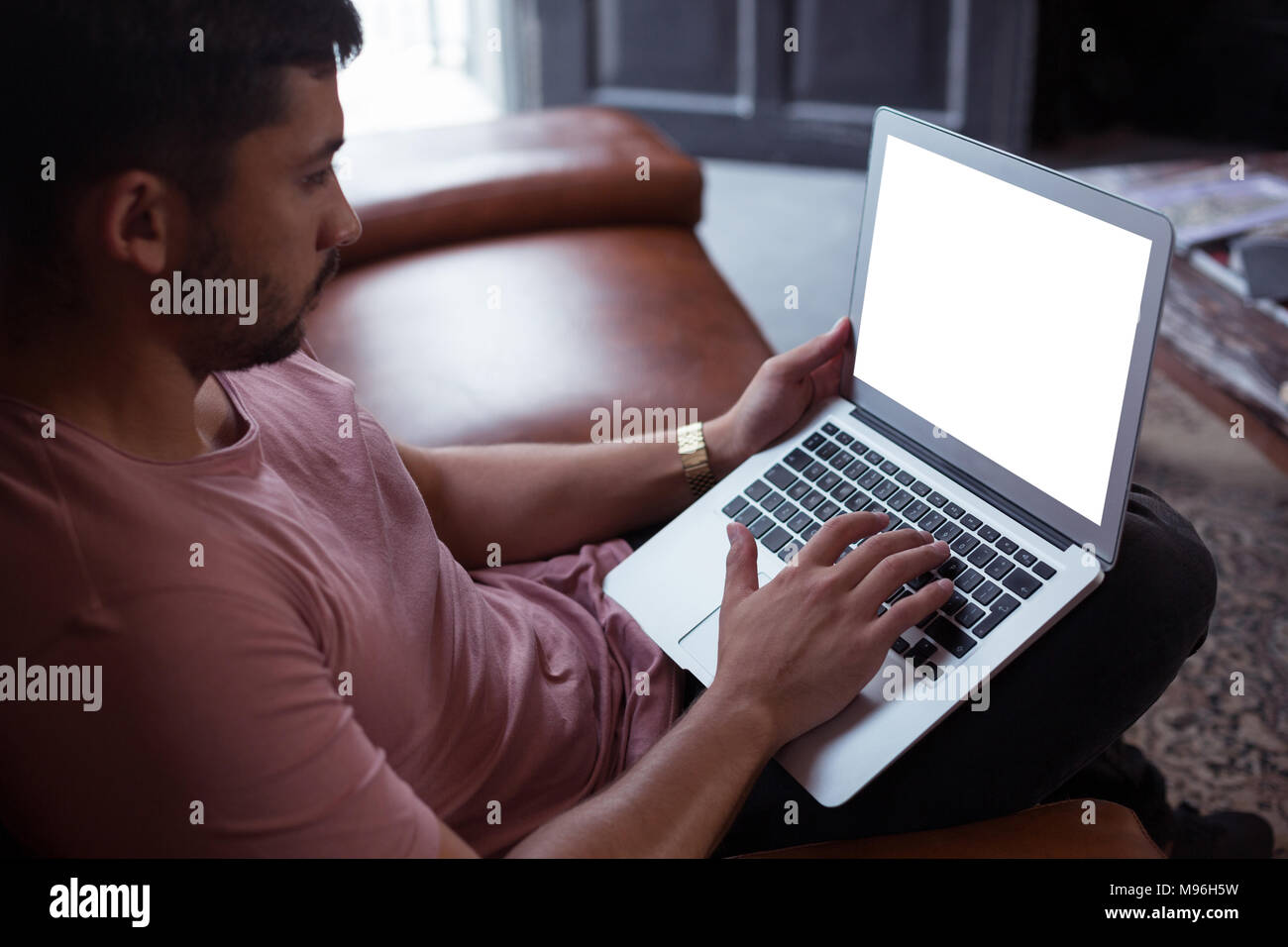 Male customer using laptop Stock Photo - Alamy
