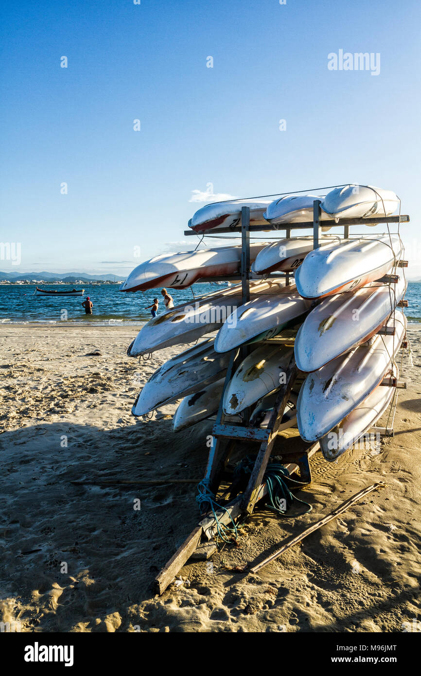 Kayaks for rent at Ponta das Canas Beach. Florianopolis, Santa Catarina ...