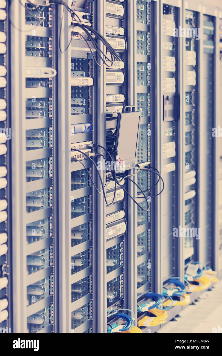 internet network server room with computers racks and digital receiver ...