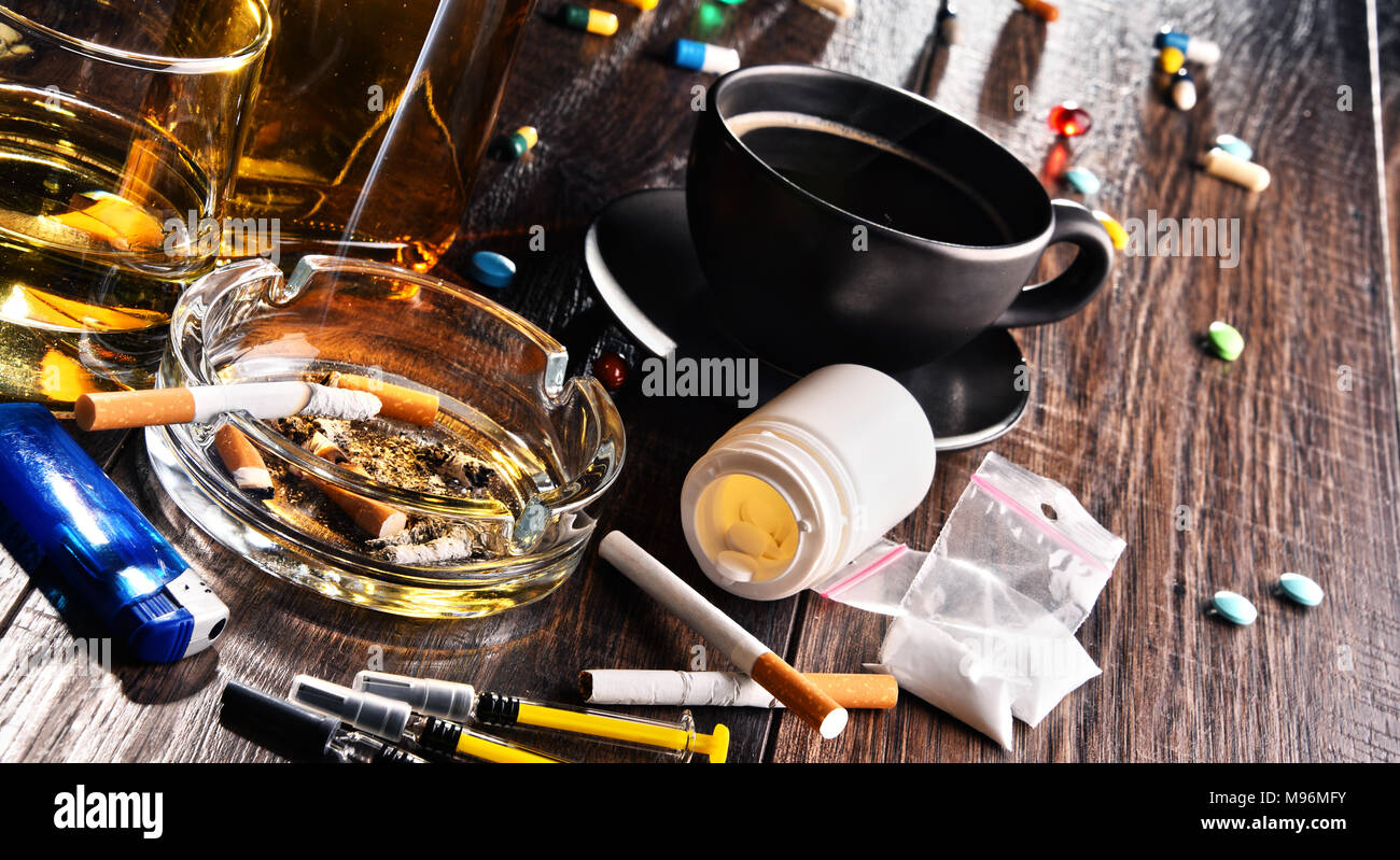 Addictive substances, including alcohol, cigarettes and drugs Stock ...