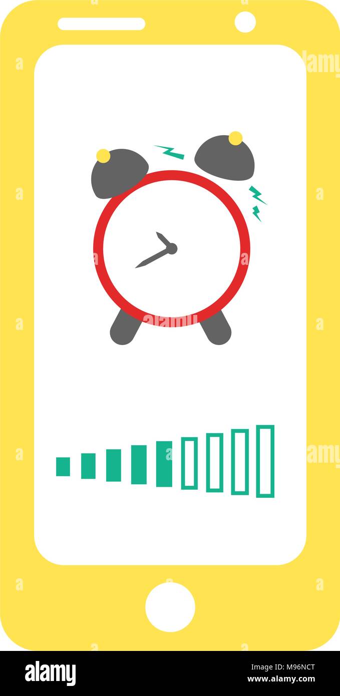 Smart phone alarm clock. Yellow clock on mobile screen with sound ...