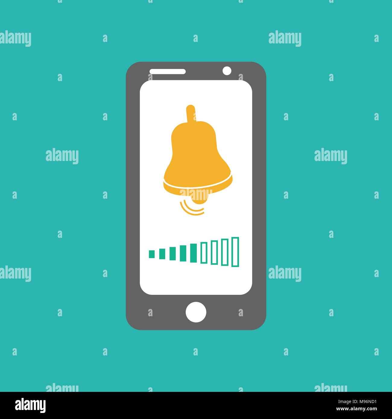 Smart phone alarm clock. Bells on mobile screen with sound regulation ...