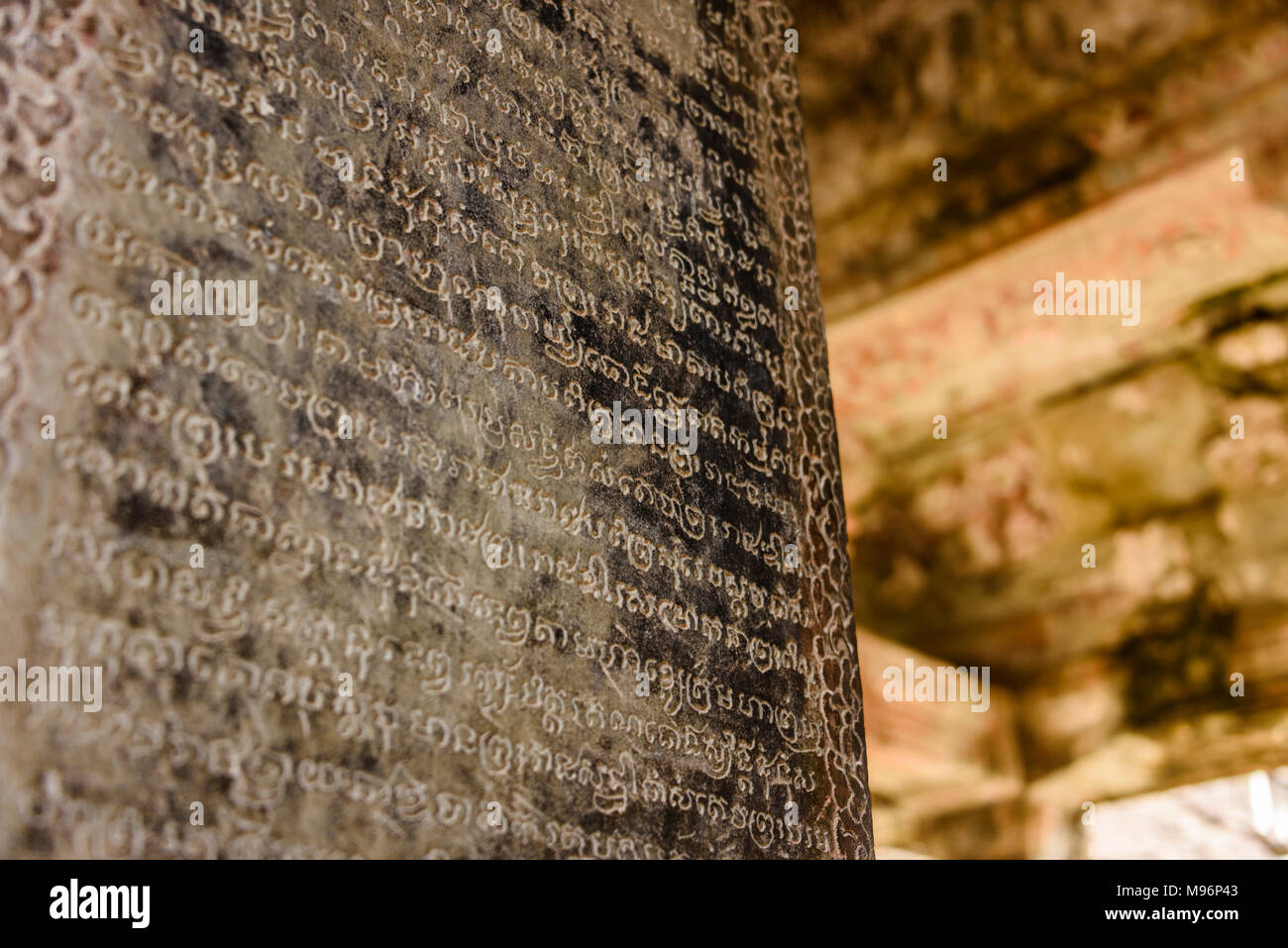 Cambodian inscription inside the UNESCO World Heritage Site of Angkor ...