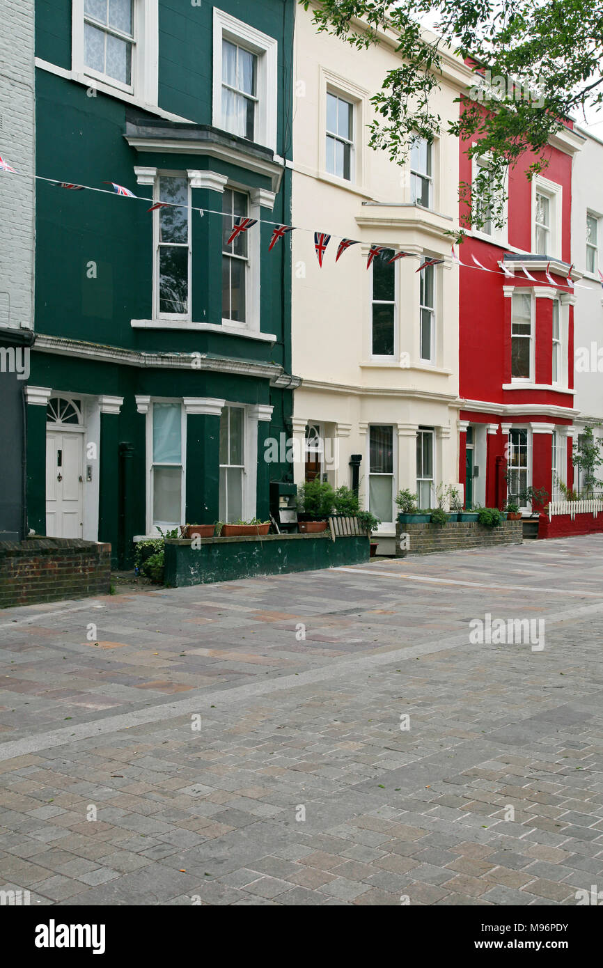 Classic British architecture with colorful buildings and flags Stock ...