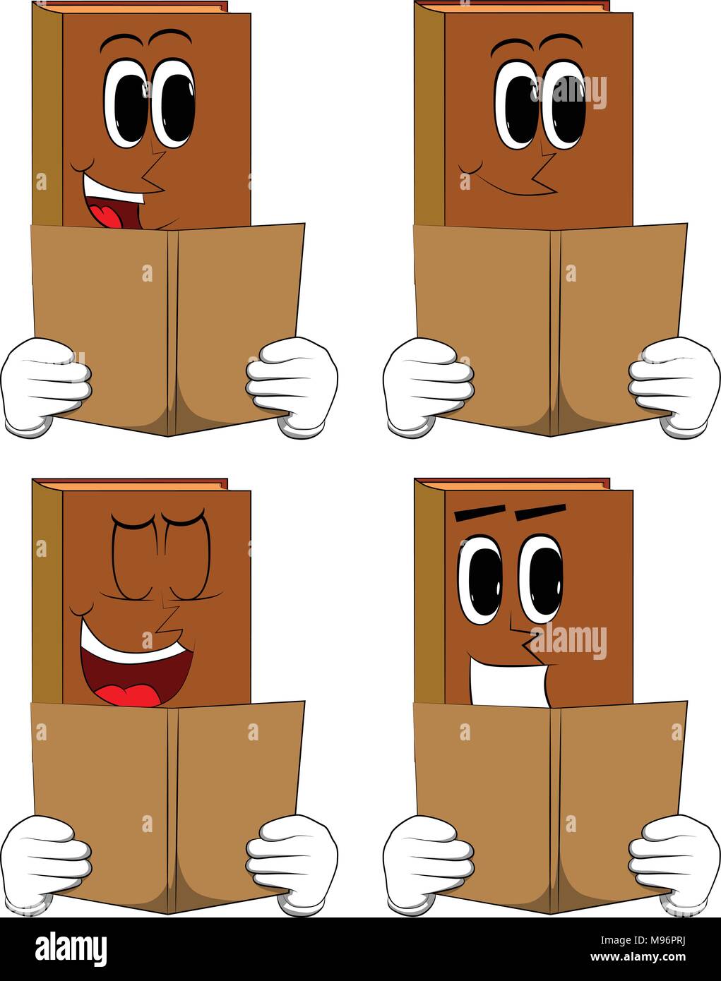 Books reading a book. Cartoon book collection with happy faces ...