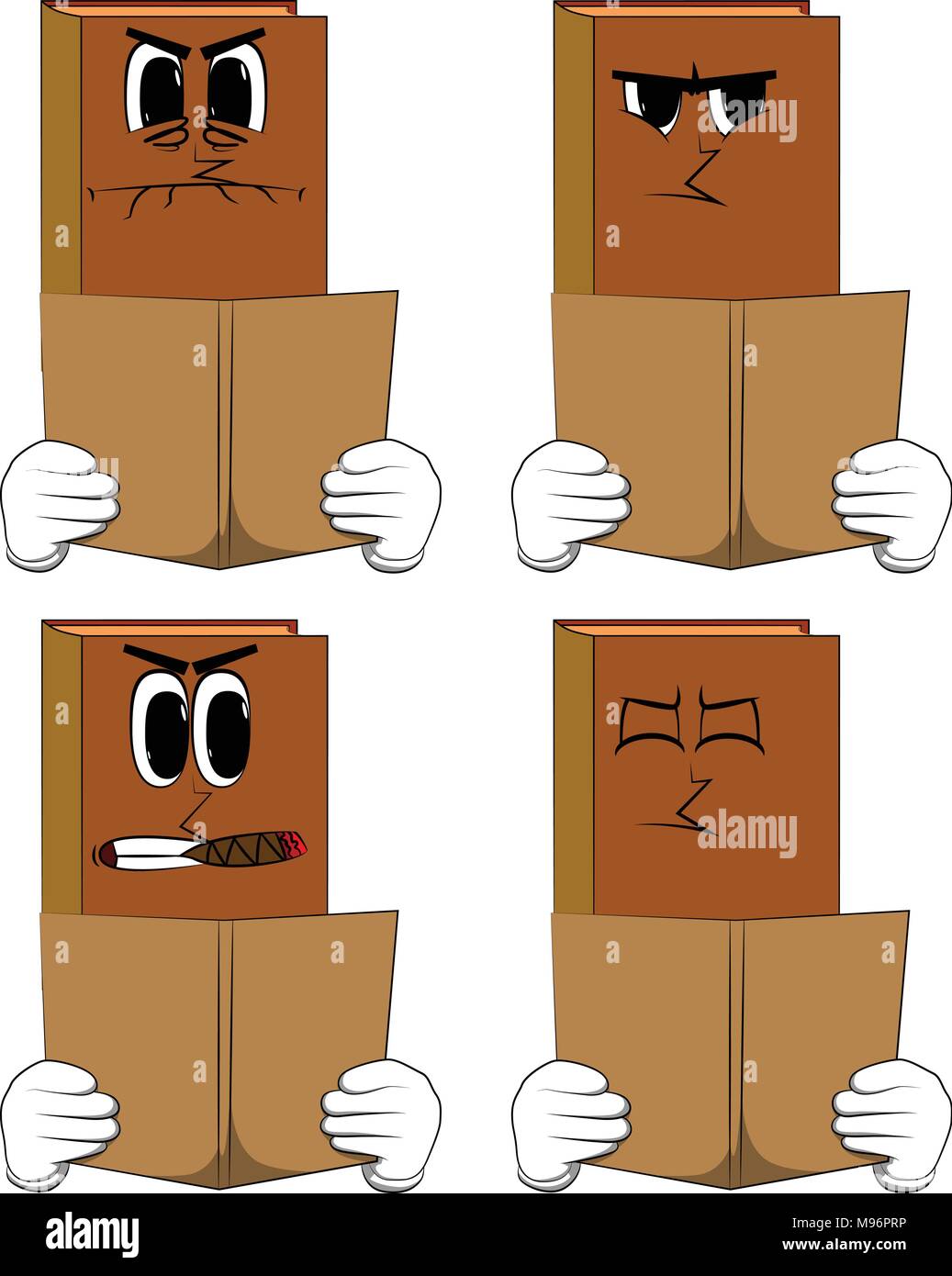 Books reading a book. Cartoon book collection with angry faces ...