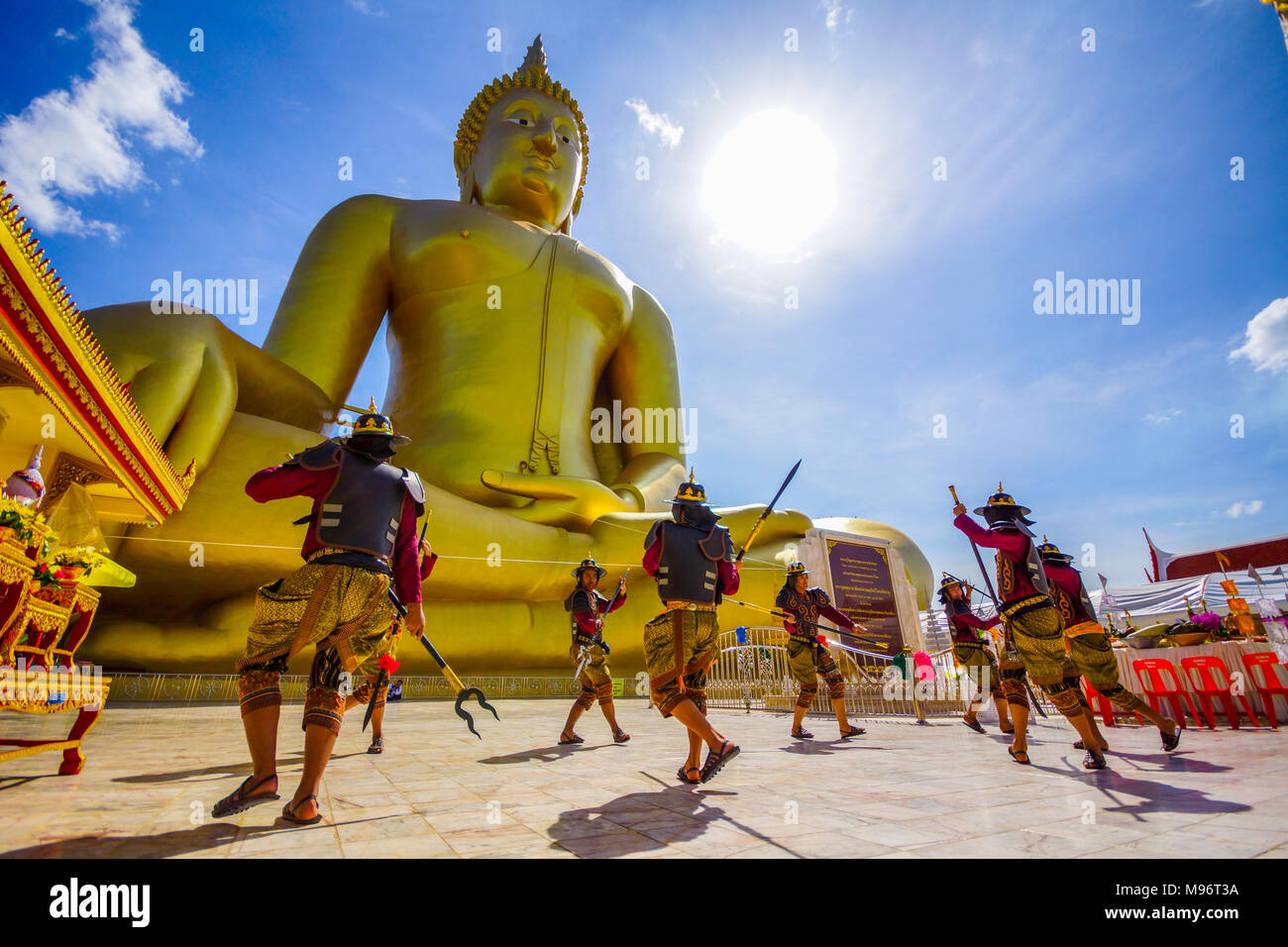 Angthong, Thailand - July 15, 2014: Actors performing fighting in ...