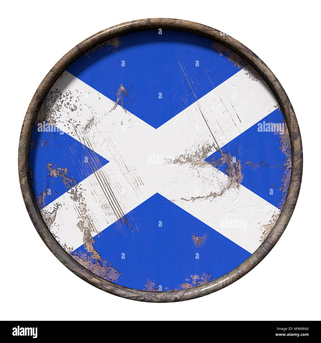 3d rendering of a Scotland flag over a rusty metallic plate. Isolated ...