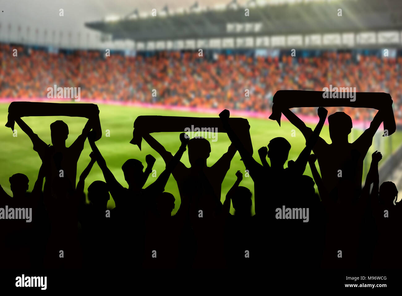 silhouettes of Soccer fans in a match and Spectators at football ...