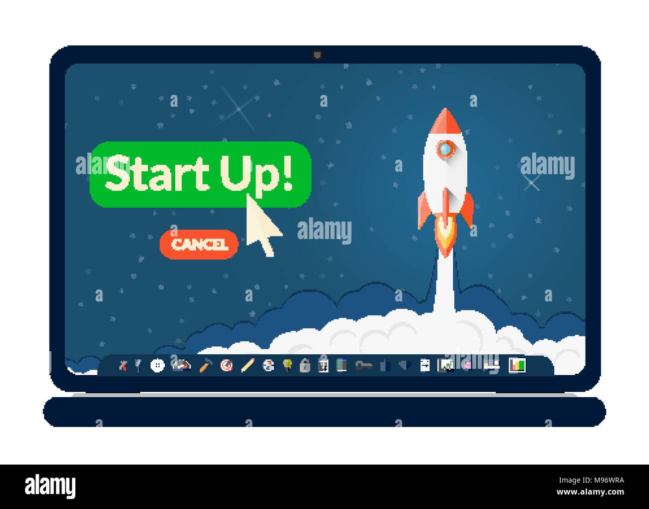 Business laptop illustration with a startup icons set and rocket ...