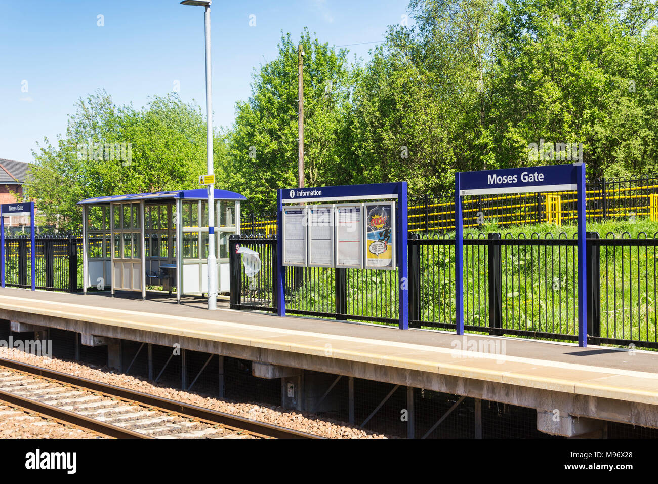 Passenger shelter and train information at Moses Gate railway station ...