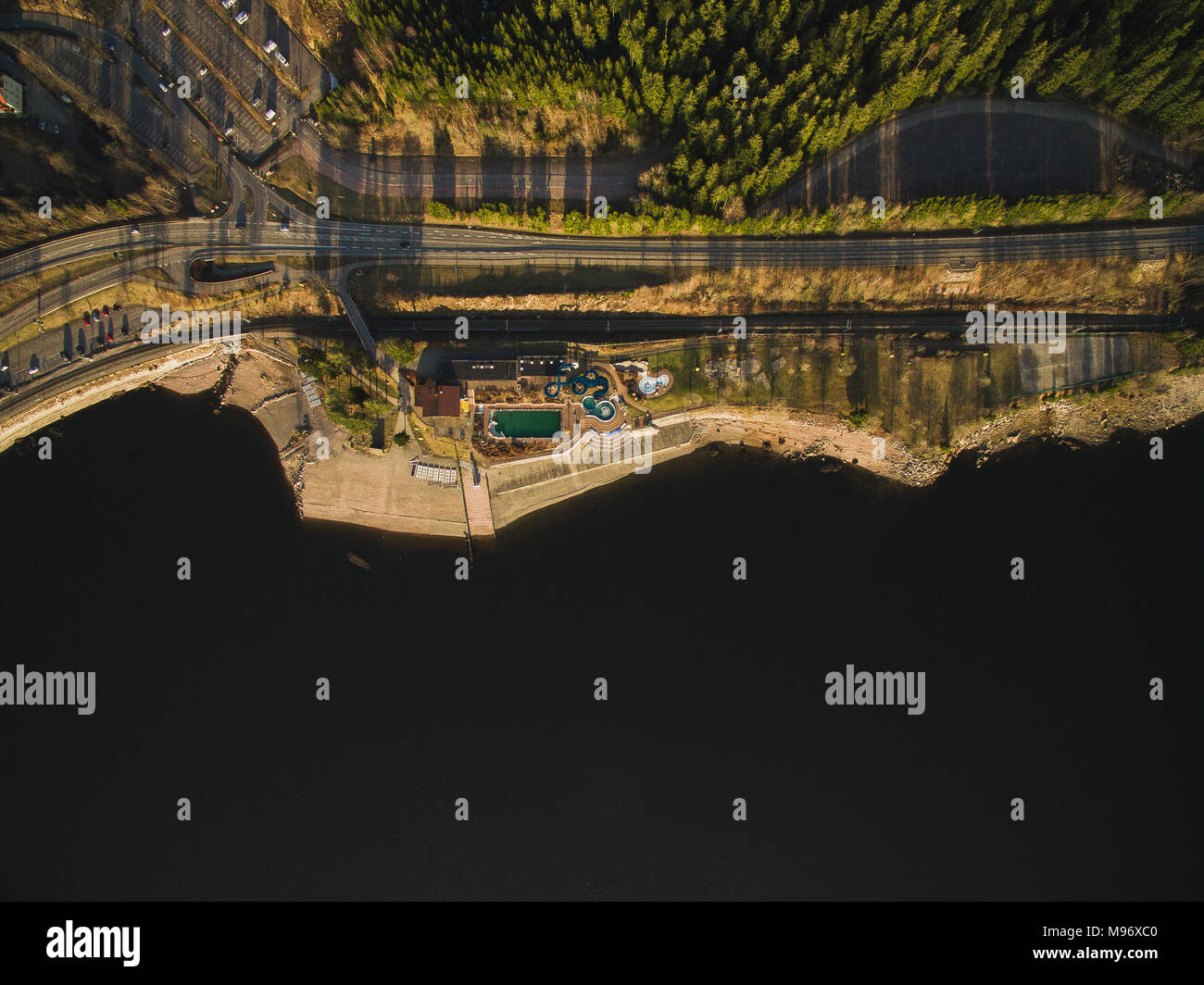 Aerial view of scenery landscape with roads and river, Germany Stock ...