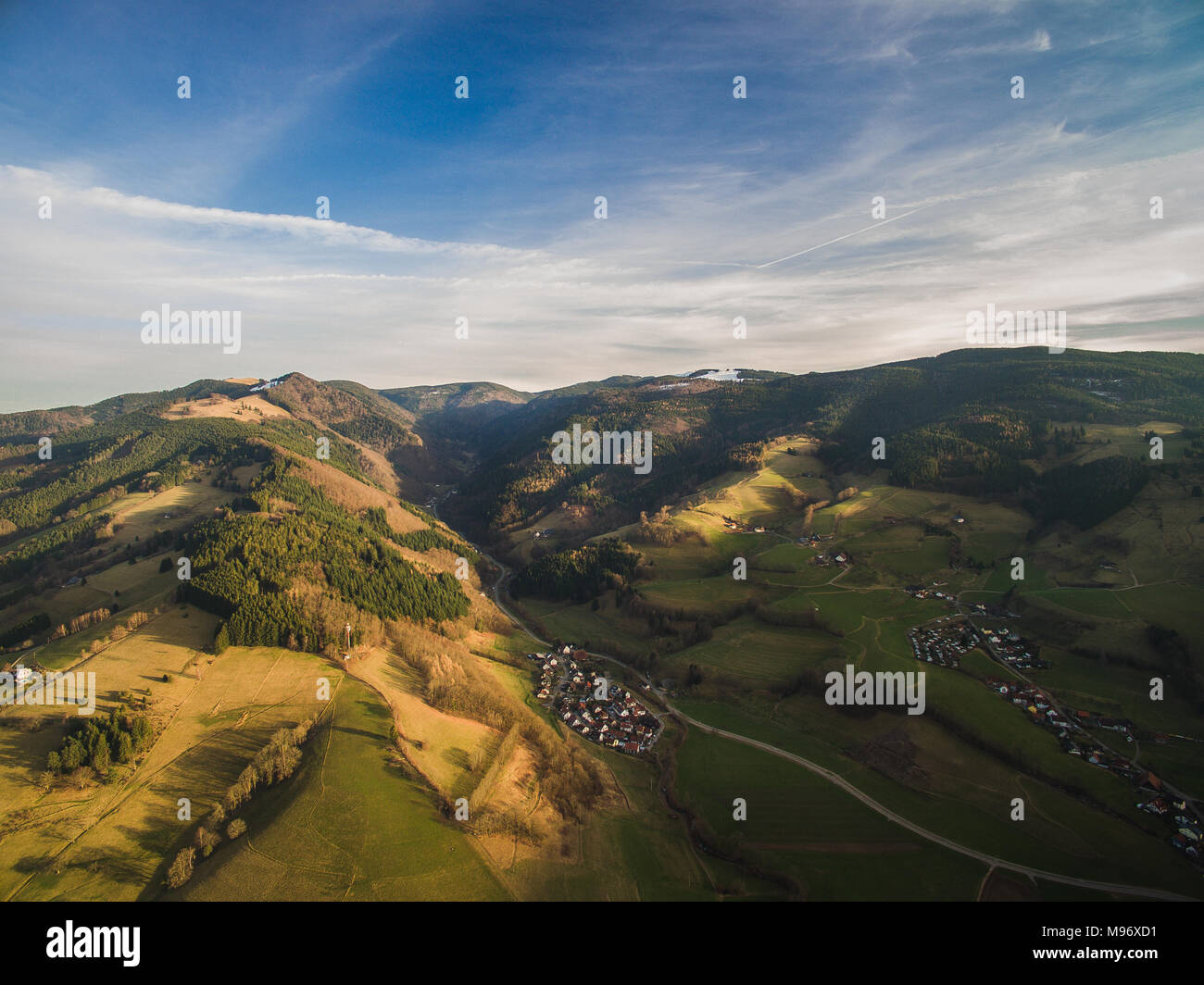 Aerial view of majestic landscape with hills and town in Germany Stock ...