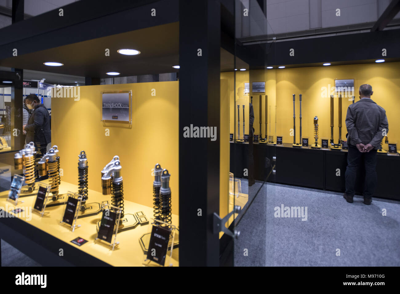 Tokyo, Tokyo, Japan. 23rd Mar, 2018. A visitors looks at a Ohlins shock ...