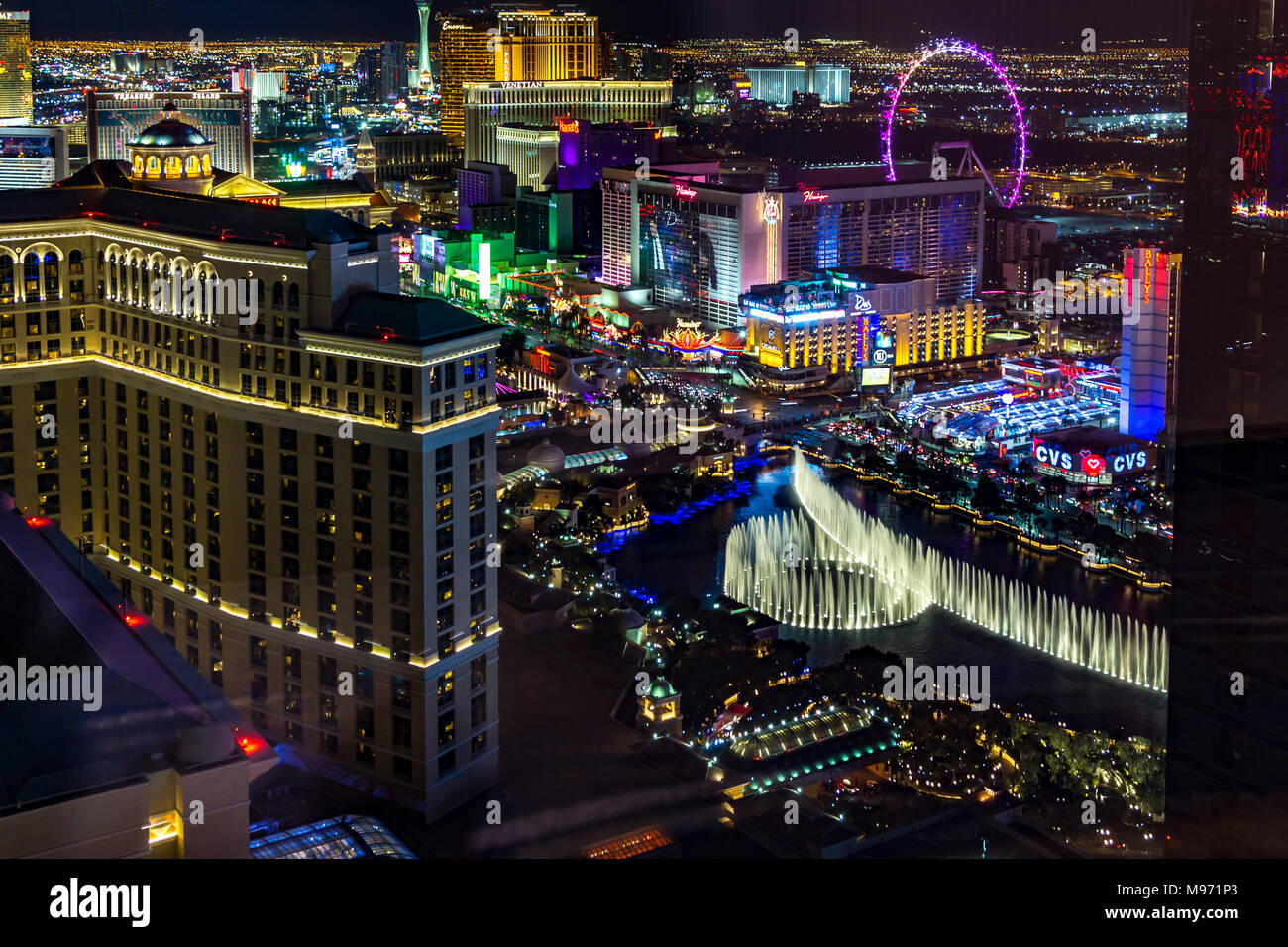 The Bellagio water fountain display at night from a high viewpointr ...
