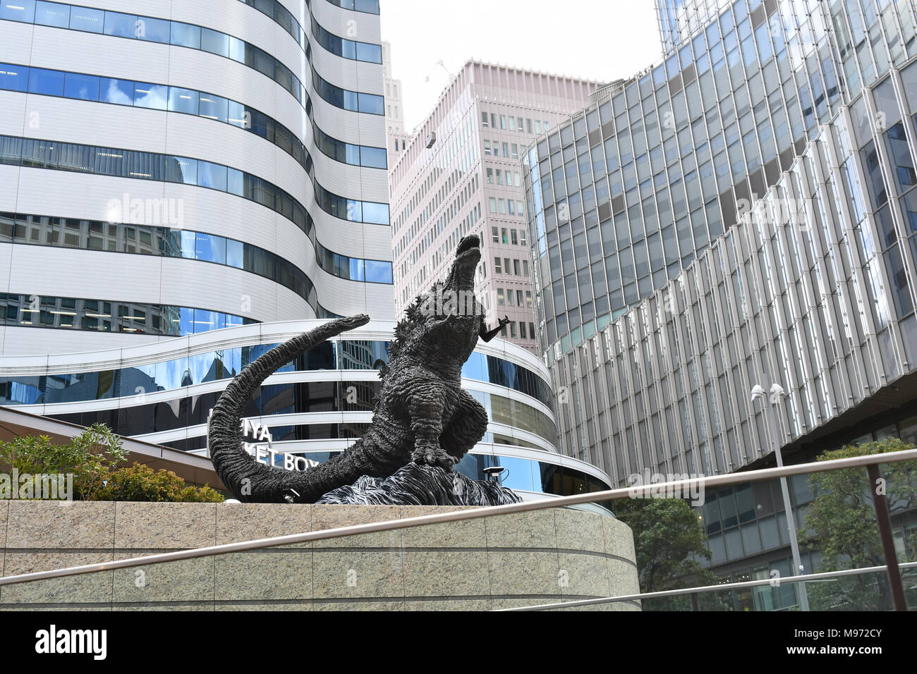 Tokyo, Japan. 22nd Mar, 2018. A new Godzilla statue dominates the ...
