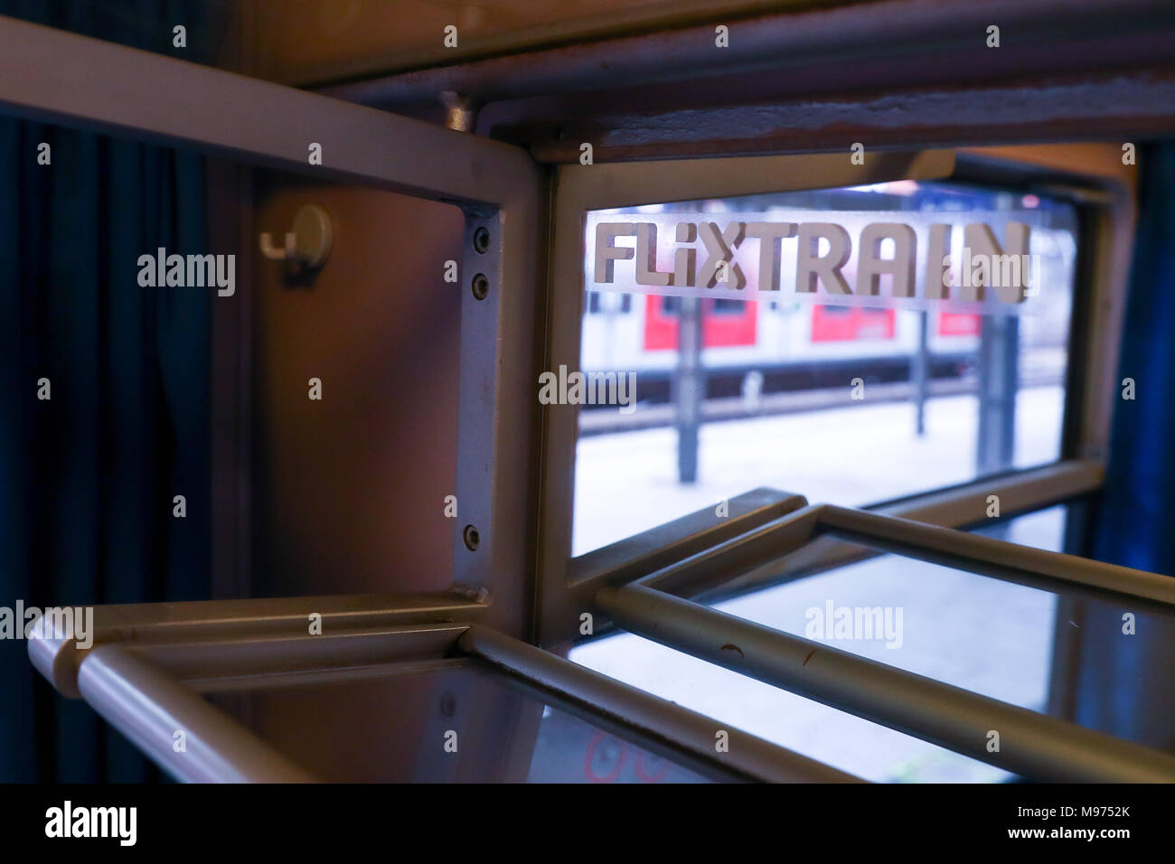 23 March 2018, Germany, Hamburg: 'Flixtrain' lettering can be seen on a ...