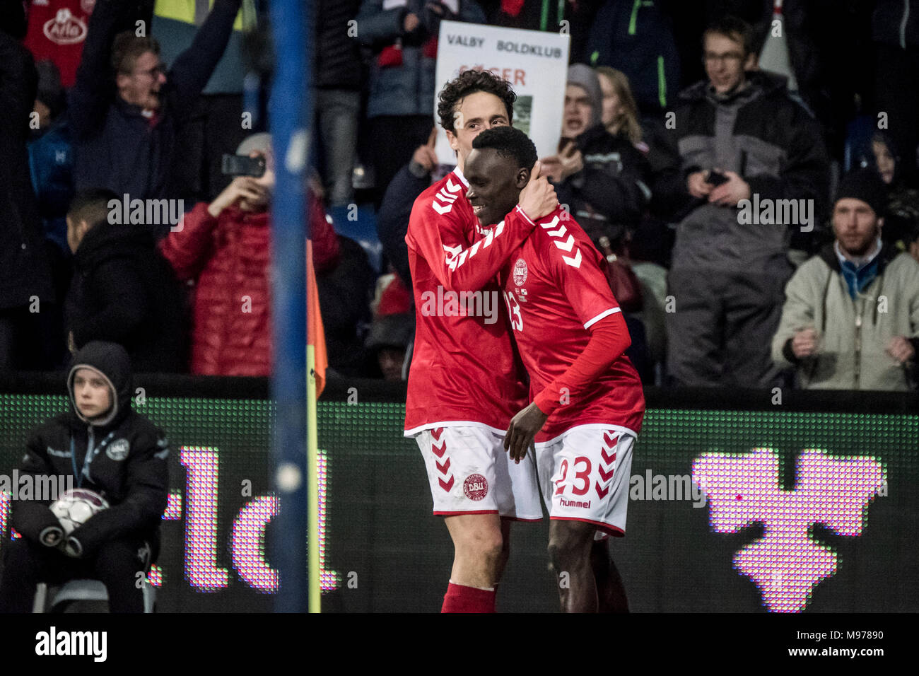Denmark, Brøndby - March 22, 2018. Pione Sisto (23) and Thomas Delaney ...