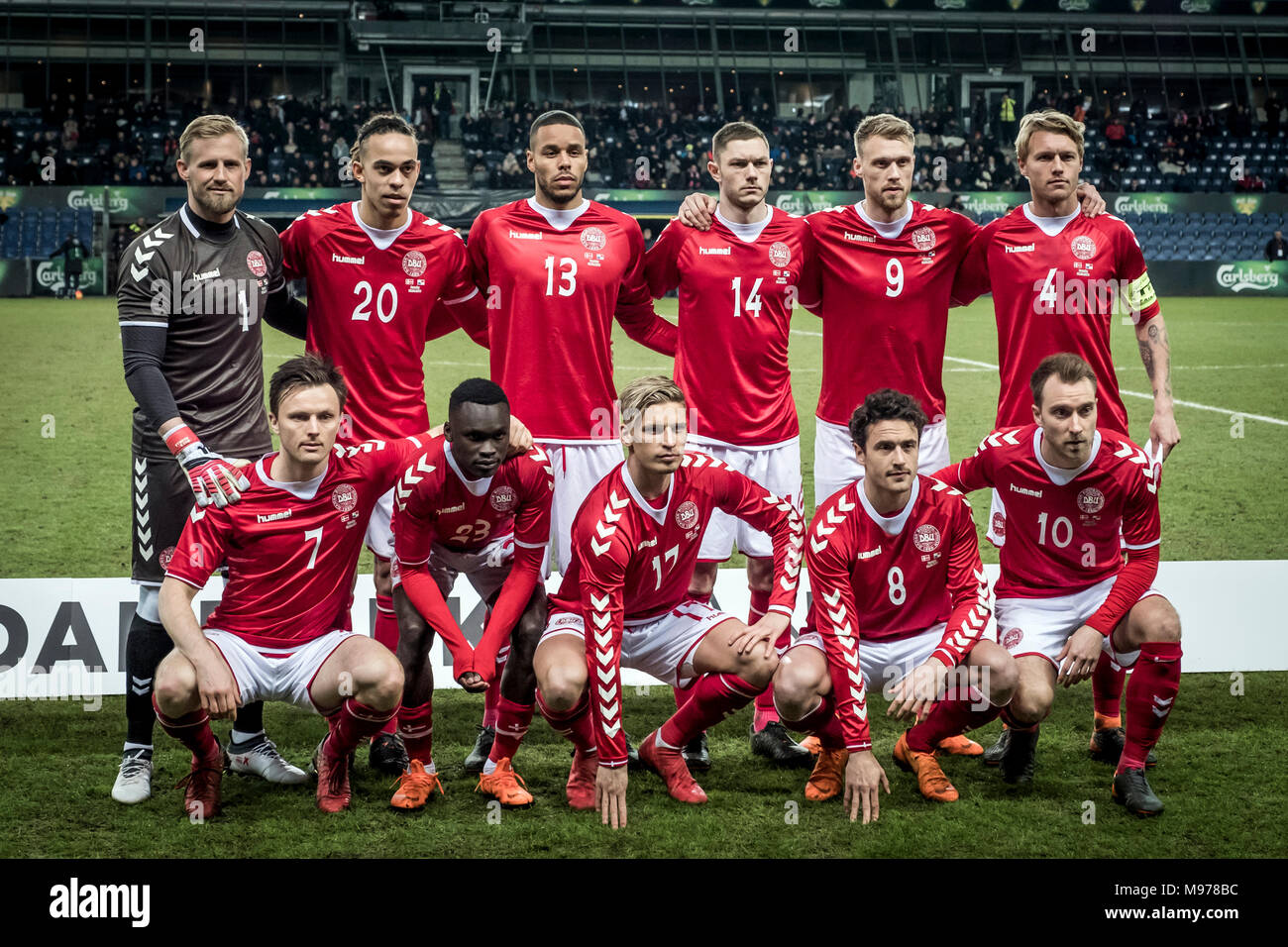 Denmark, Brøndby - March 22, 2018. The Danish line-up for the football ...
