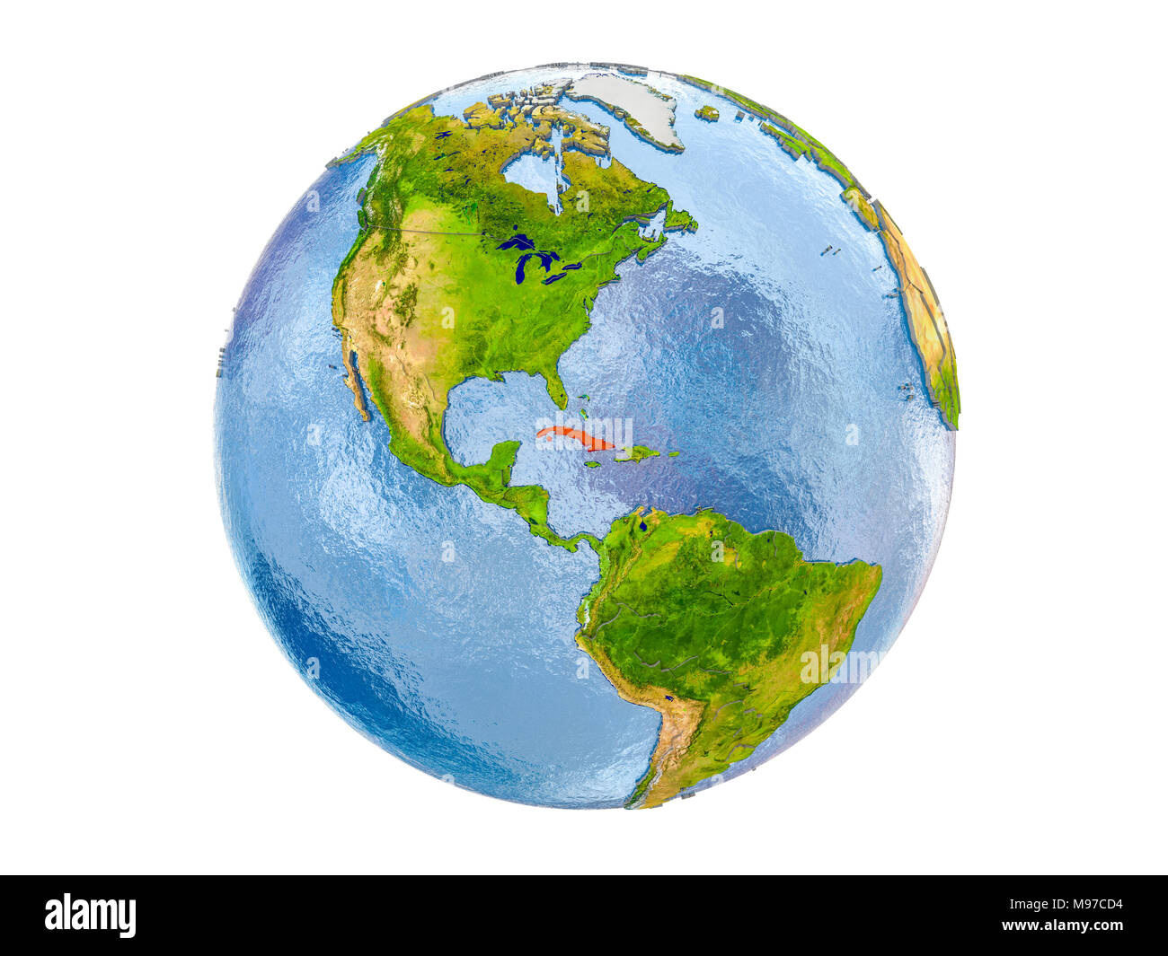Cuba highlighted in red on model of Earth. 3D illustration isolated on ...