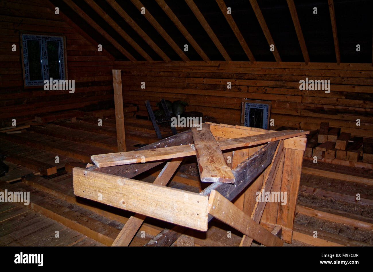 renovation on the second floor in a wooden farmhouse, Russia Stock ...