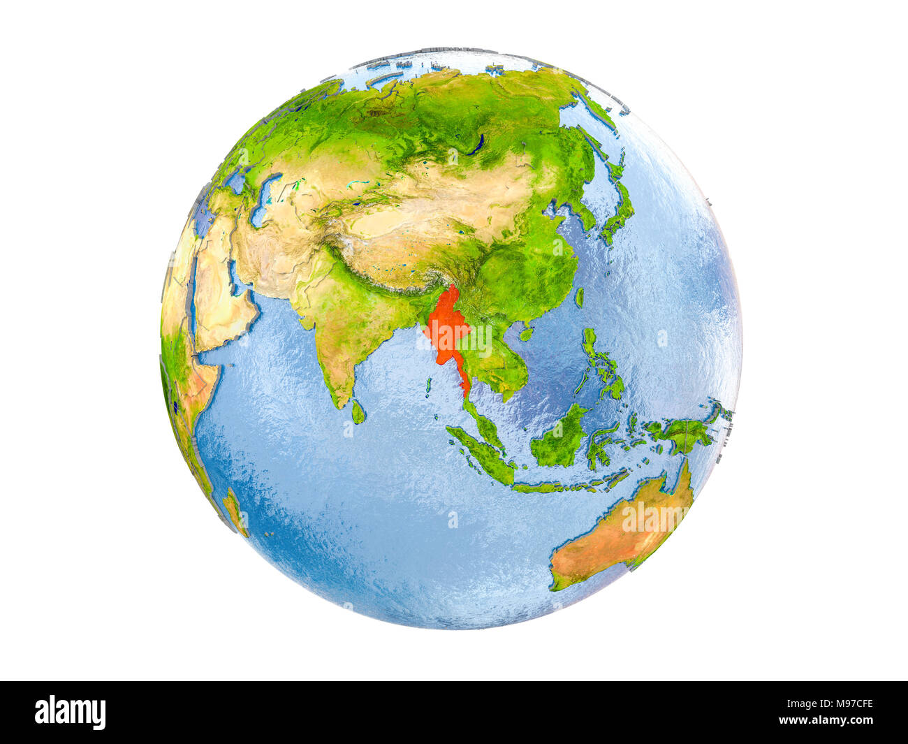 Myanmar highlighted in red on model of Earth. 3D illustration isolated ...