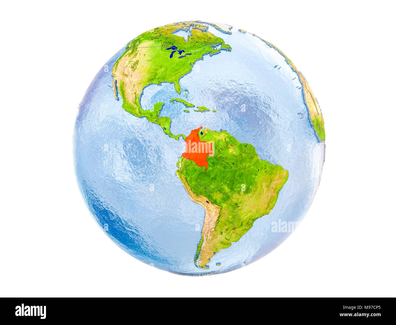 Colombia highlighted in red on model of Earth. 3D illustration isolated ...