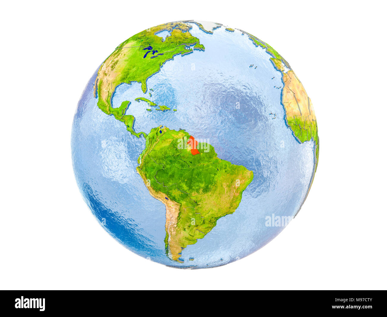 Guyana highlighted in red on model of Earth. 3D illustration isolated ...