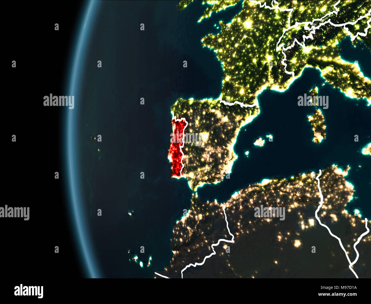 Orbit view of Portugal highlighted in red with visible borderlines and city lights on planet ...