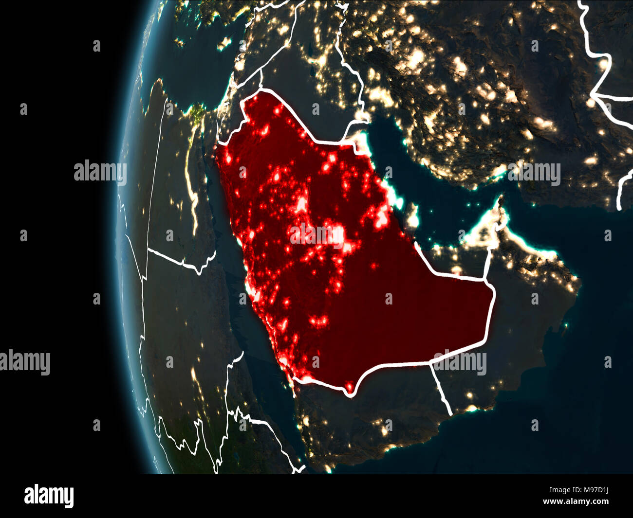 Orbit view of Saudi Arabia highlighted in red with visible borderlines and city lights on planet ...