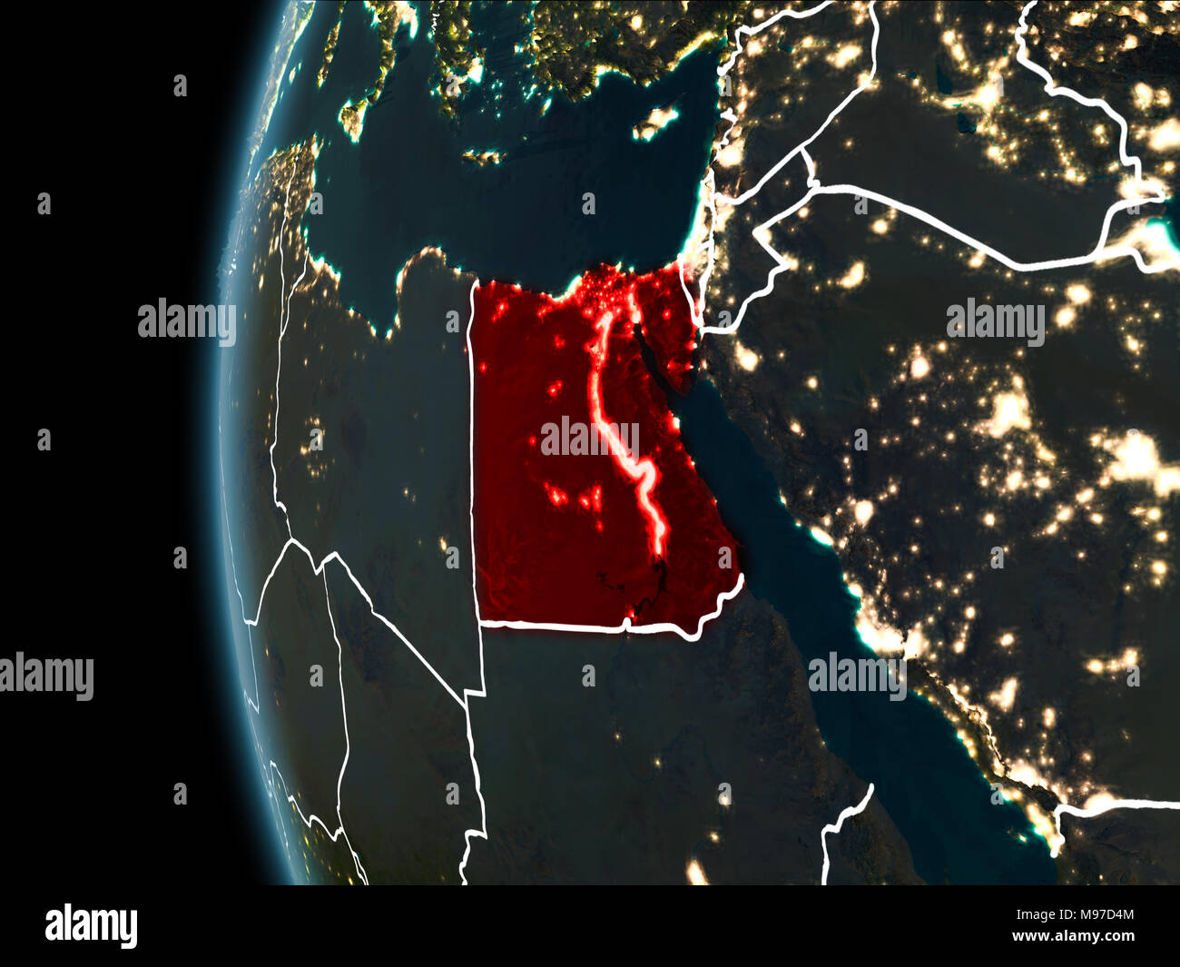 Orbit view of Egypt highlighted in red with visible borderlines and city lights on planet Earth ...