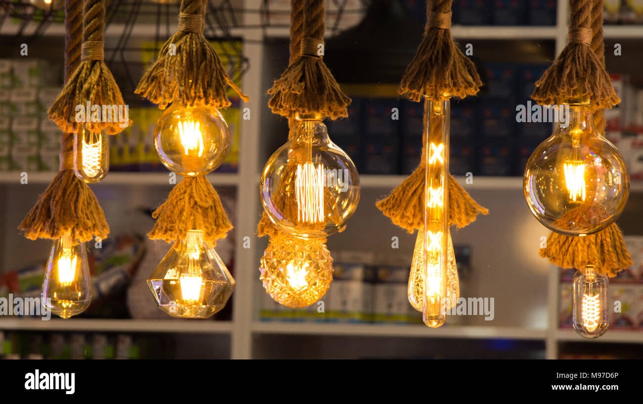 Decorative antique edison style filament light bulbs hanging Stock ...