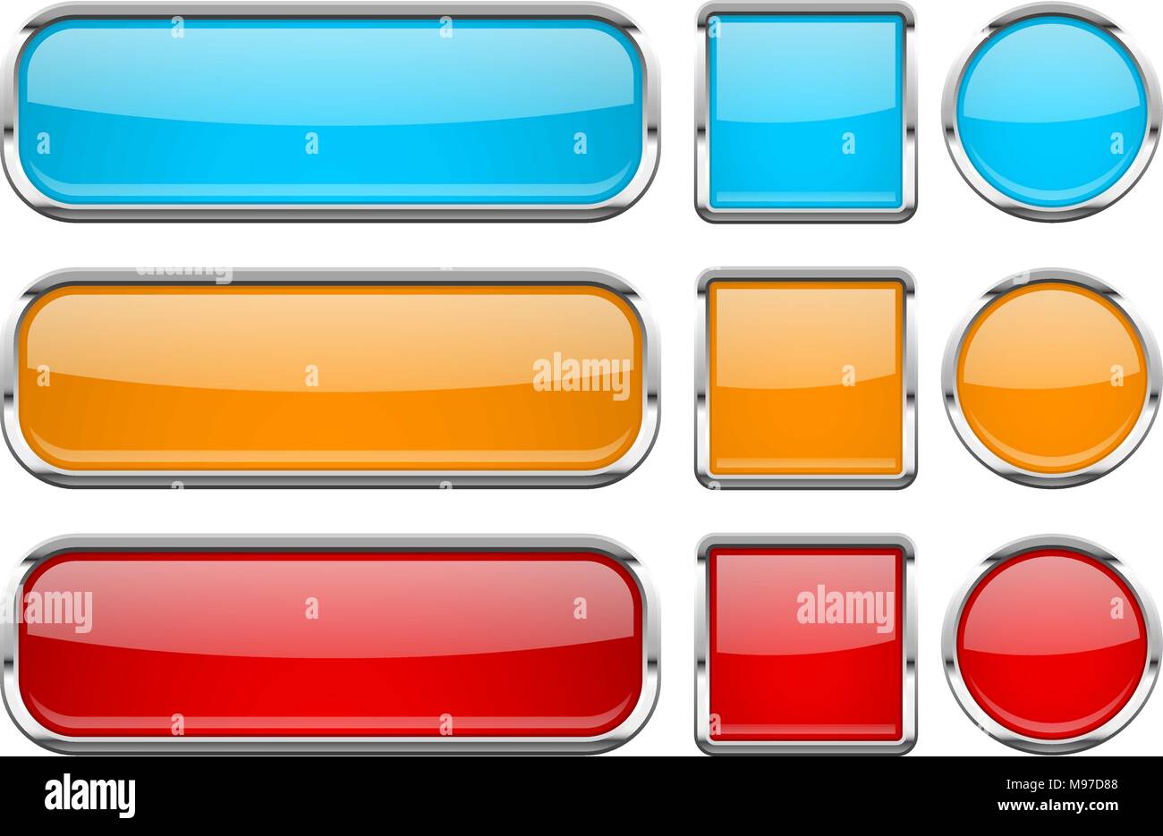 Glass buttons with chrome frame. Set of colored shiny 3d web icons. Red ...
