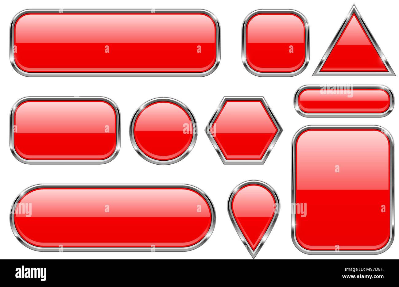 Red glass buttons with chrome frame. Geometric shaped 3d icons set ...