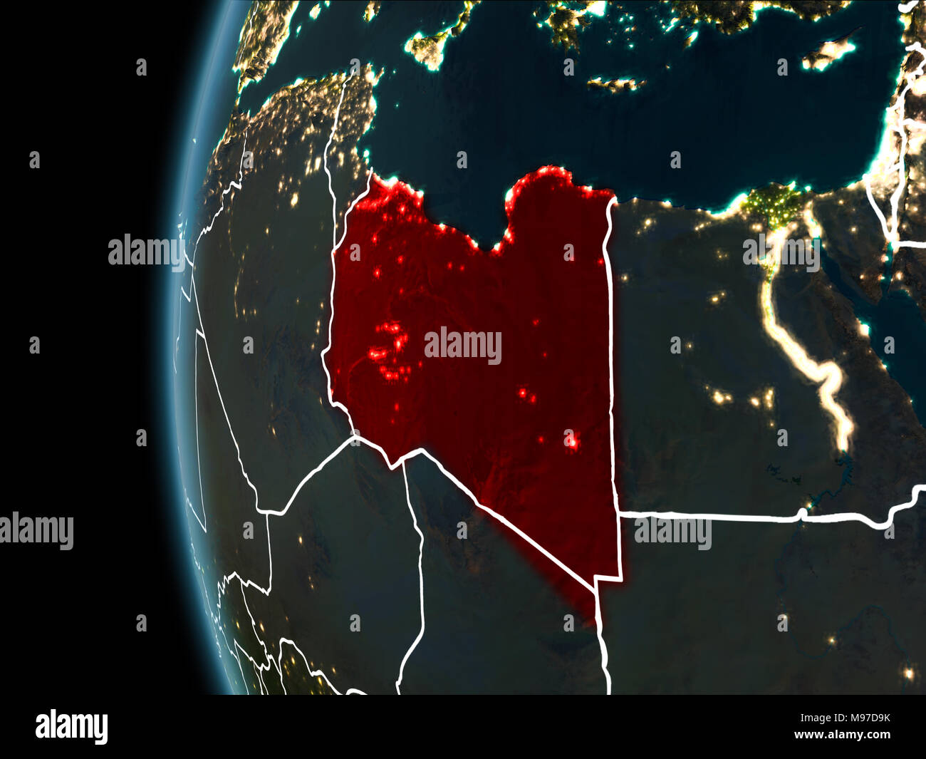 Orbit view of Libya highlighted in red with visible borderlines and ...