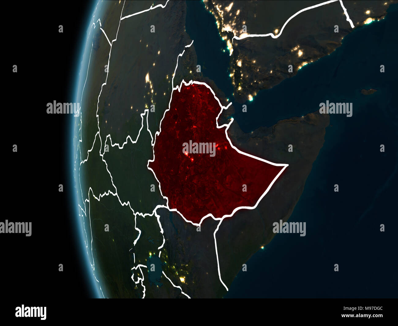 Orbit view of Ethiopia highlighted in red with visible borderlines and city lights on planet ...