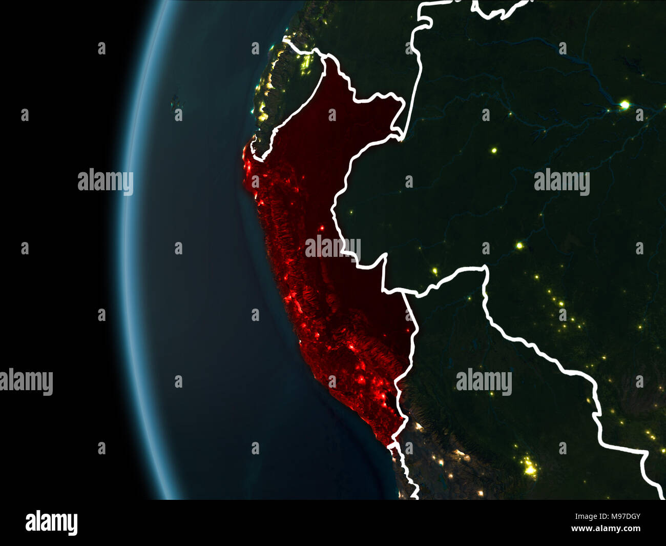 Orbit view of Peru highlighted in red with visible borderlines and city lights on planet Earth ...