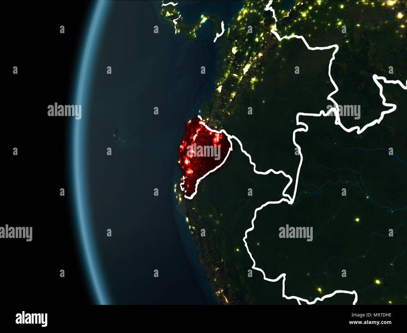Orbit view of Ecuador highlighted in red with visible borderlines and city lights on planet ...