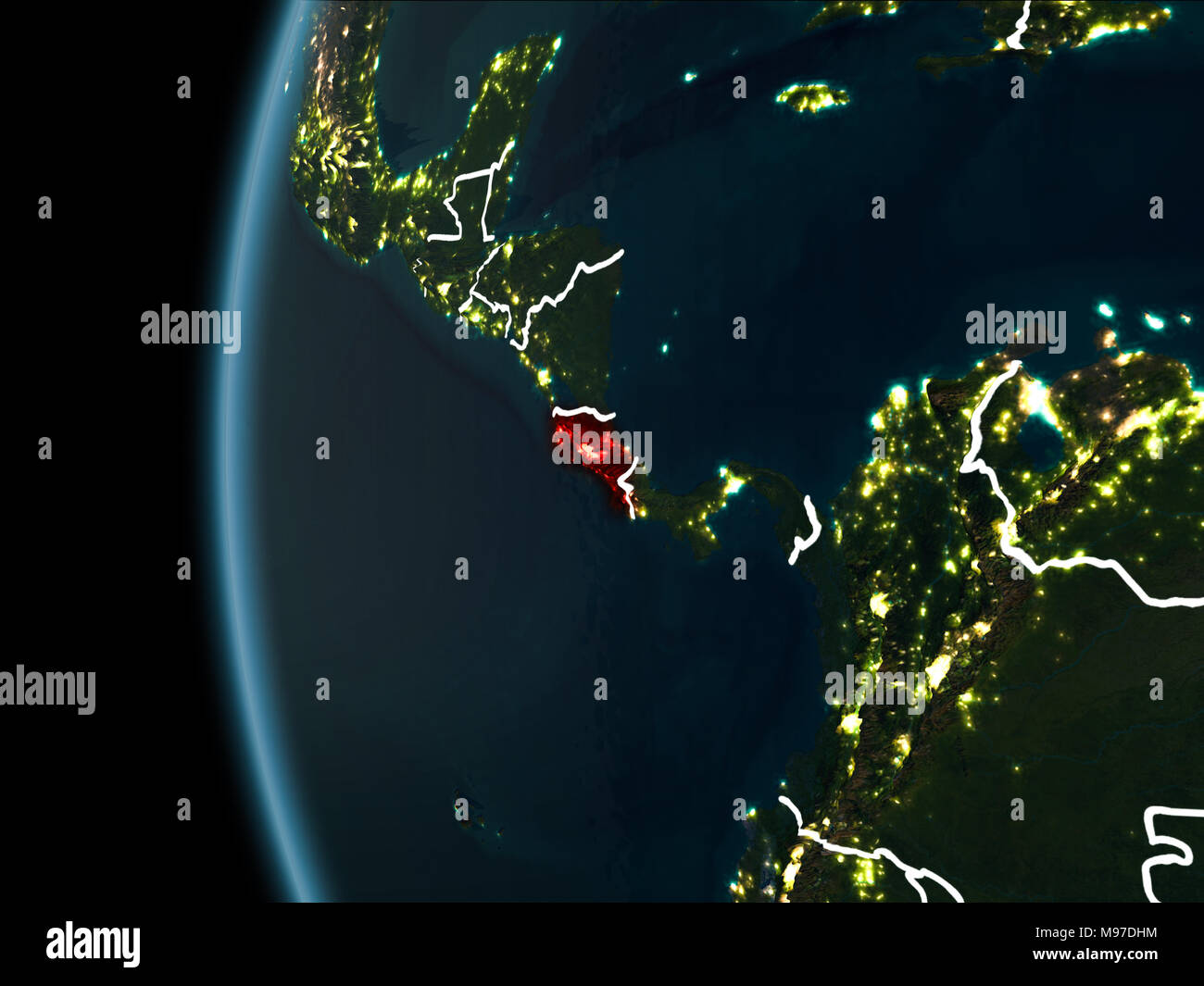 Orbit view of Costa Rica highlighted in red with visible borderlines and city lights on planet ...