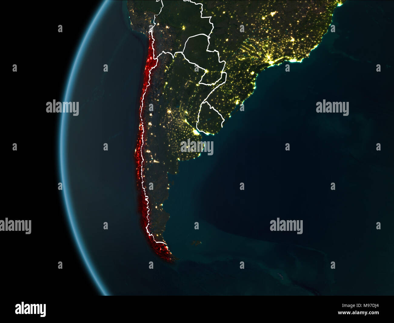 Orbit view of Chile highlighted in red with visible borderlines and city lights on planet Earth ...